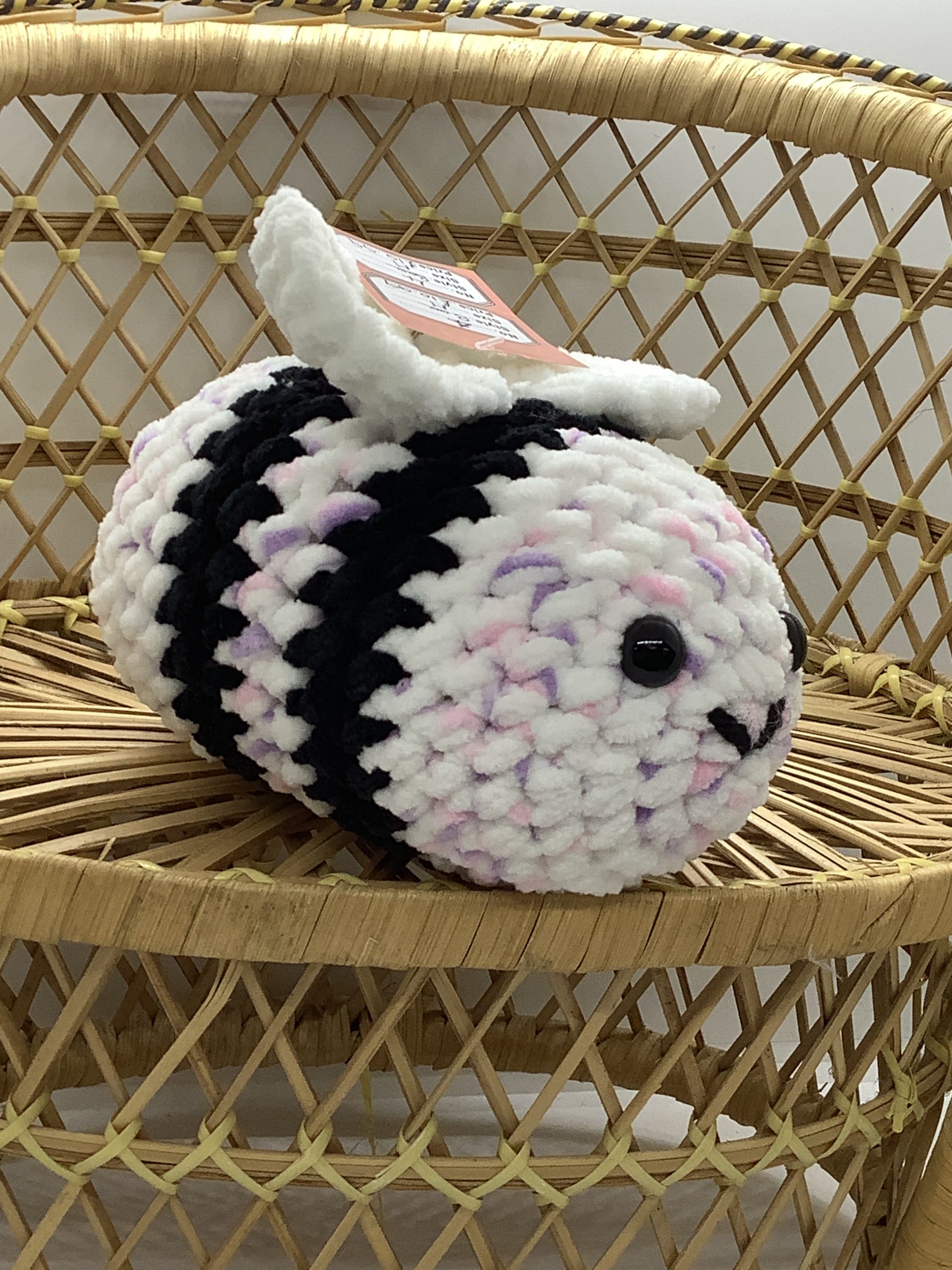 Hand Crafted Crochet Toy Bee White with Lilac and Pink , Black and White (L4) - The Dropped Stitch