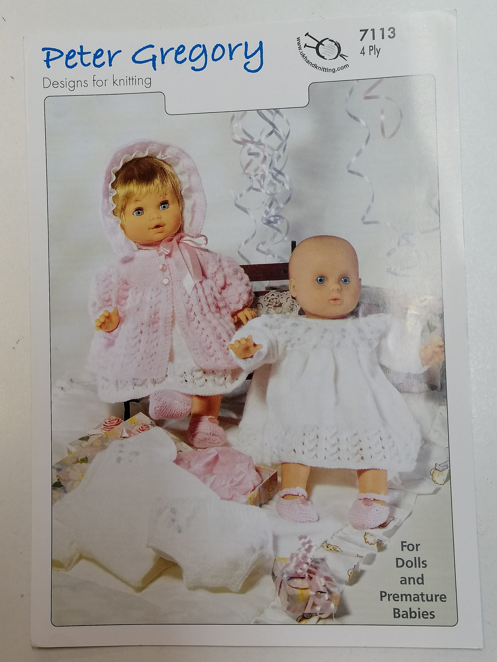 Peter Gregory 7113 - Baby Doll Layette in 4Ply - 12/14 - 19/22" Doll - The Dropped Stitch