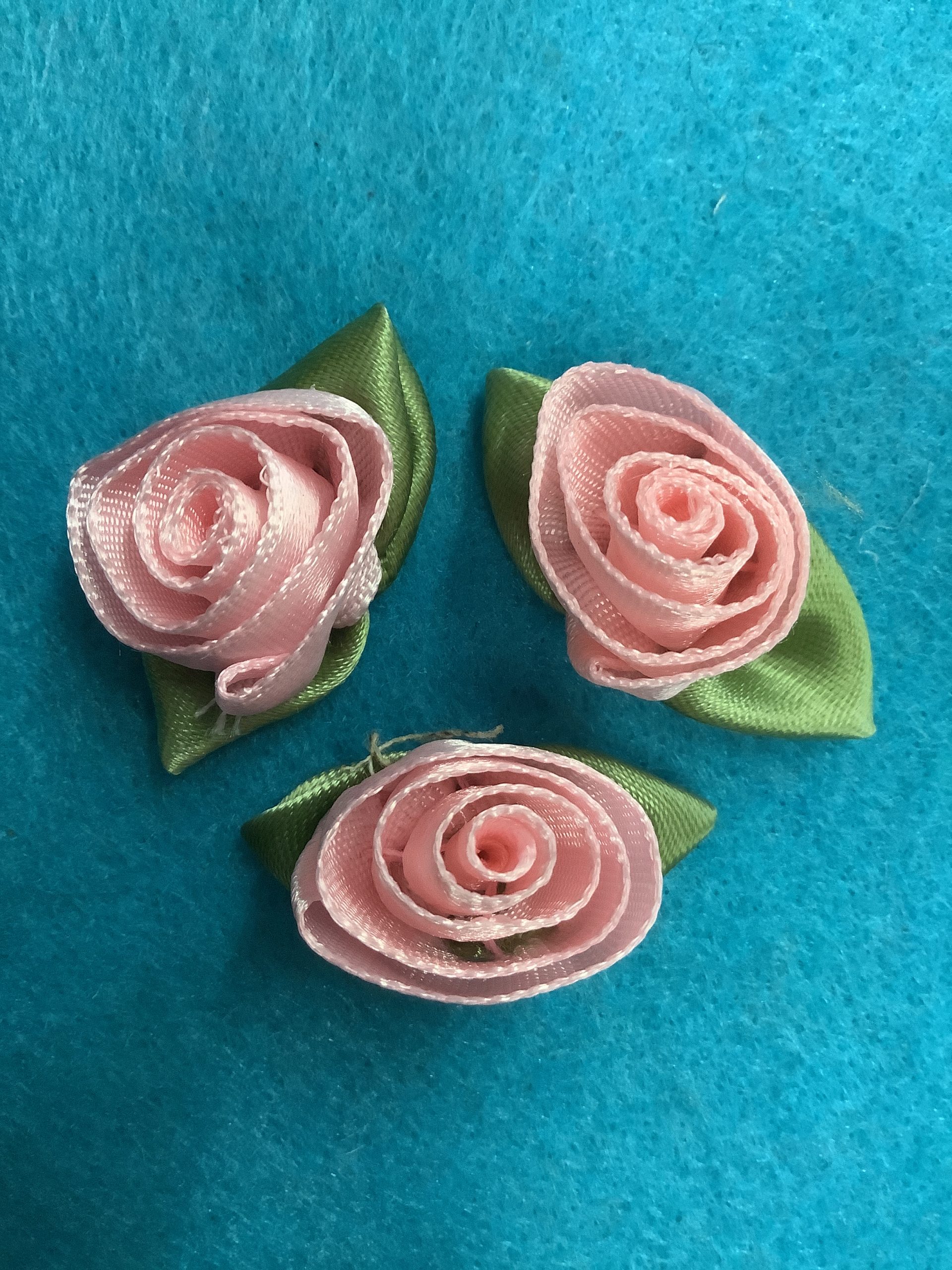 Baby Pink Ribbon Flower with Green Leaves (RF40) - The Dropped Stitch