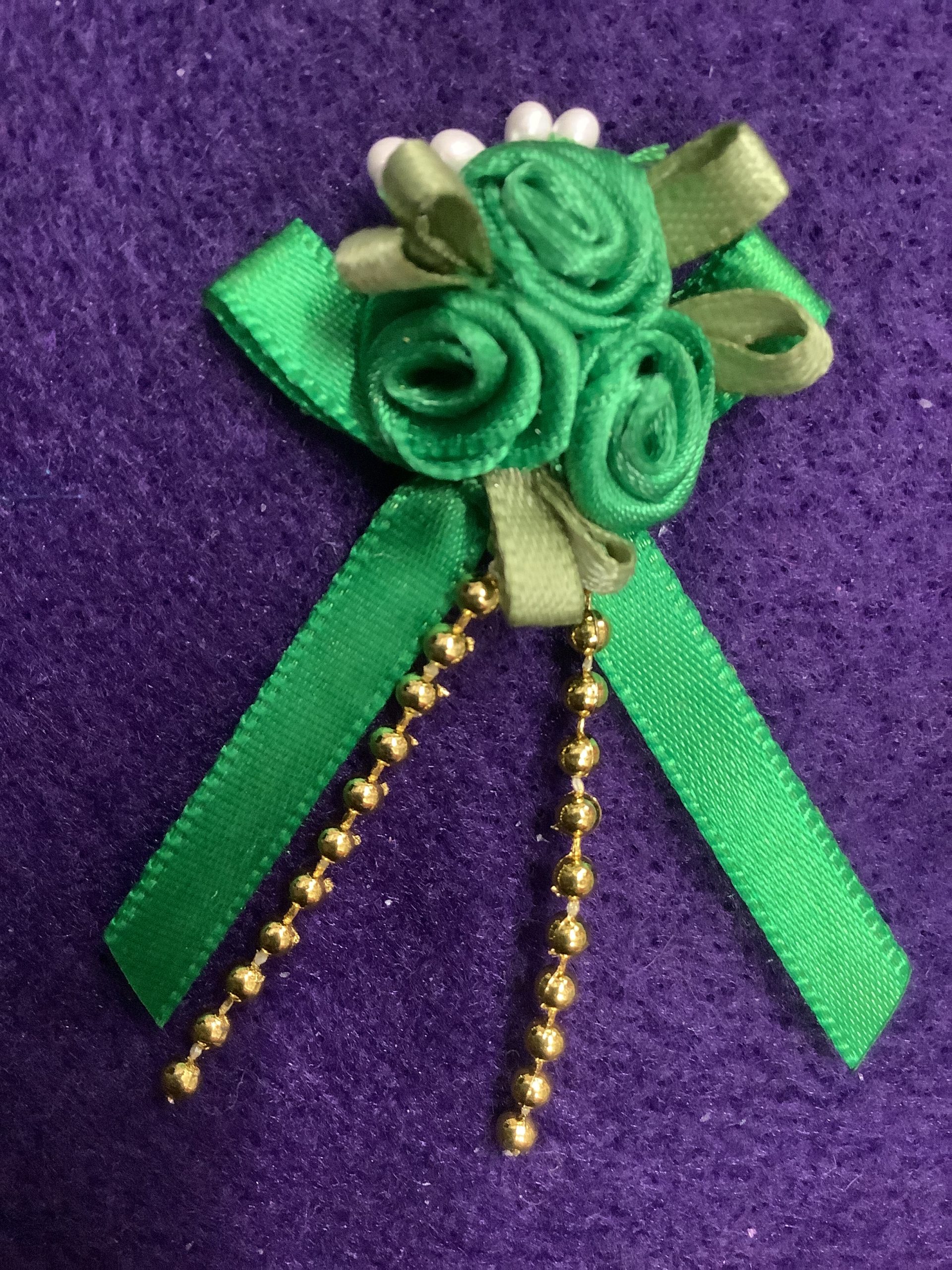 Emerald Green Ribbon Flowers with Green Leaves , long ribbons and beads ...